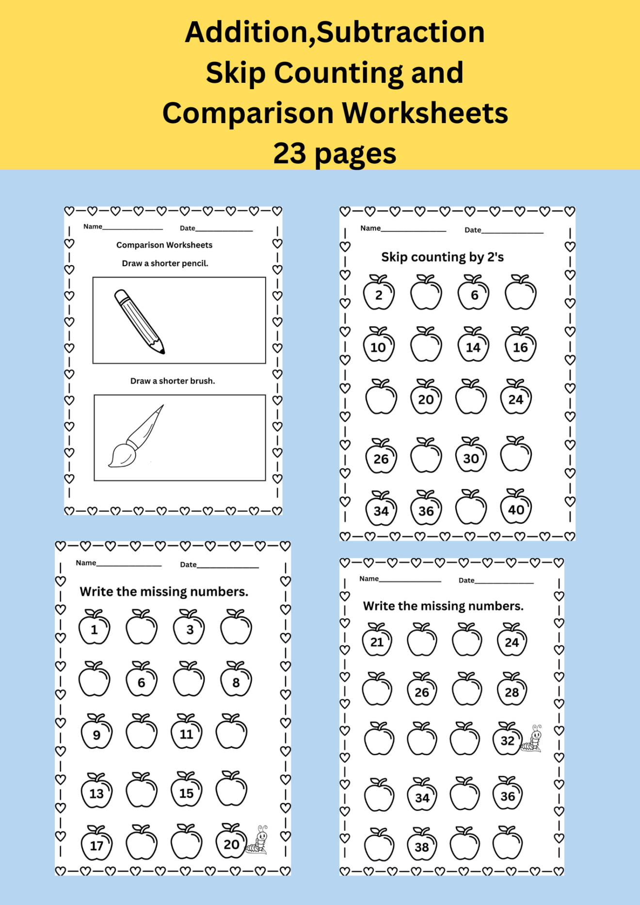 Comparison worksheets plus skip counting in 2's worksheets
