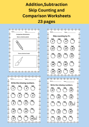 Comparison worksheets plus skip counting in 2's worksheets