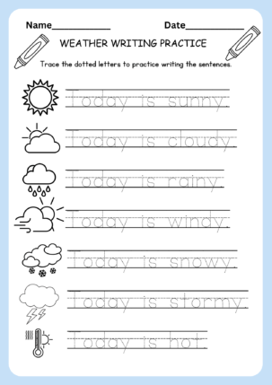 Writing Practice Worksheet for kindergarten Weather (Free)